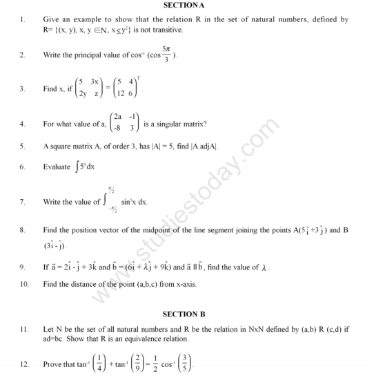 CBSE Class 12 Mathematics Sample Paper Set D
